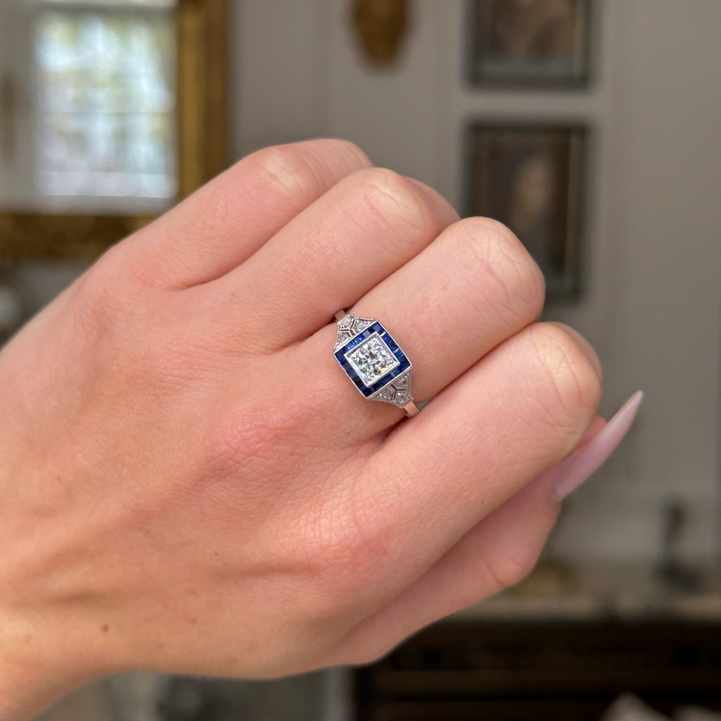 Art Deco, square sapphire and diamond ring, 18ct white gold – Antique ...