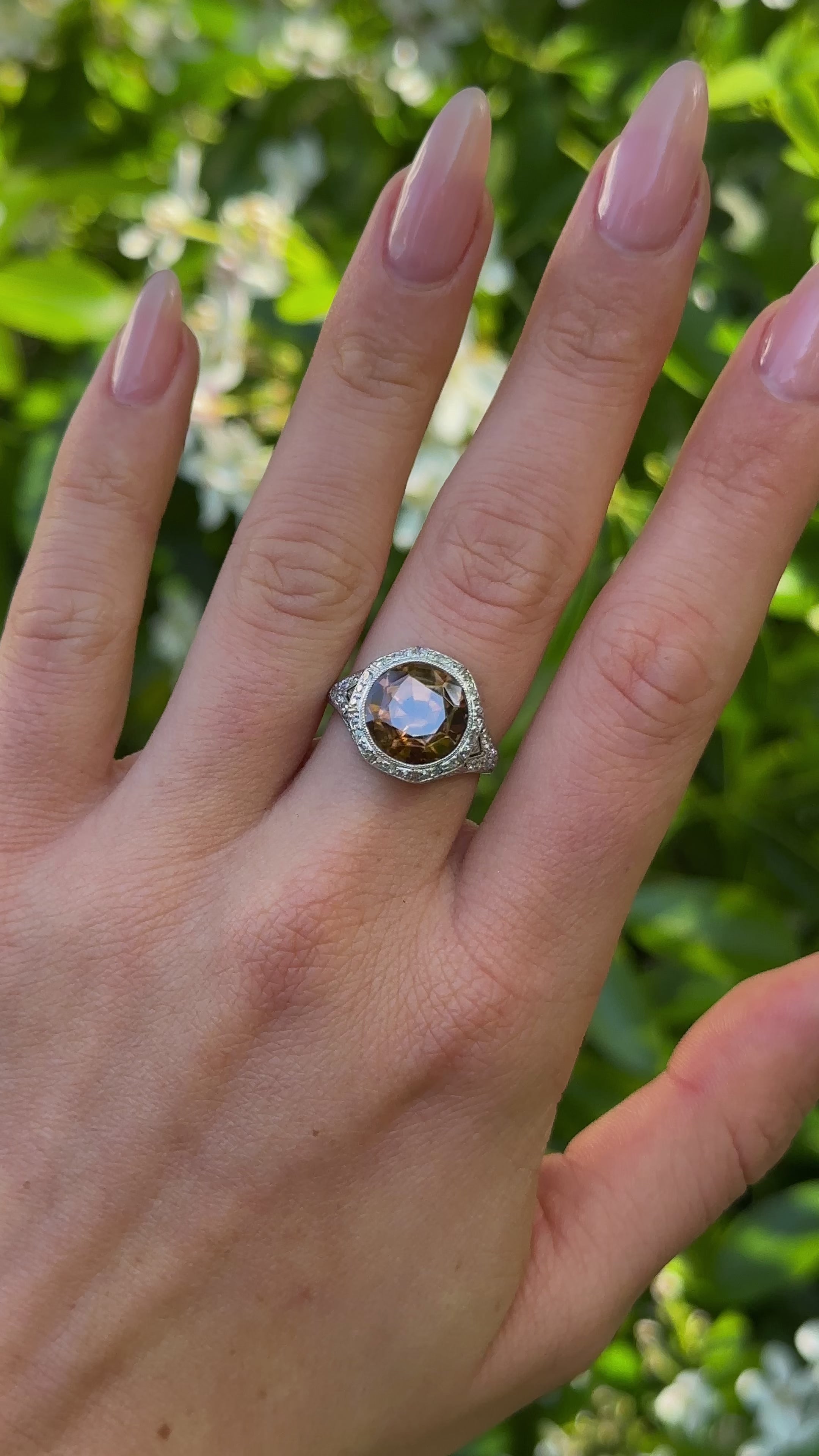 Vintage Art Deco 6ct old cut brown zircon and diamond ring Antique Ring Boutique