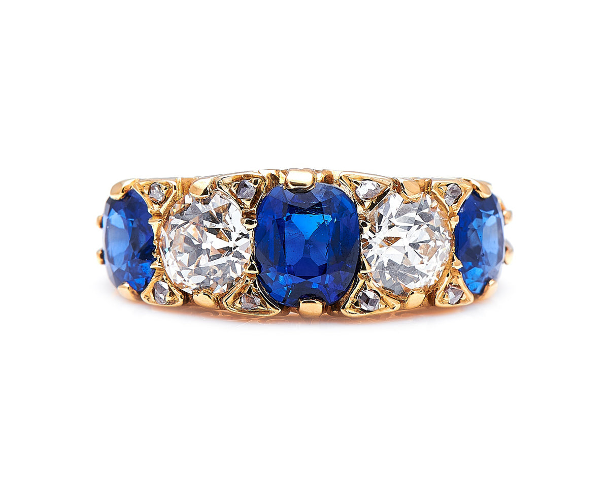 Antique Victorian, 18ct yellow gold, sapphire and diamond five-stone r ...